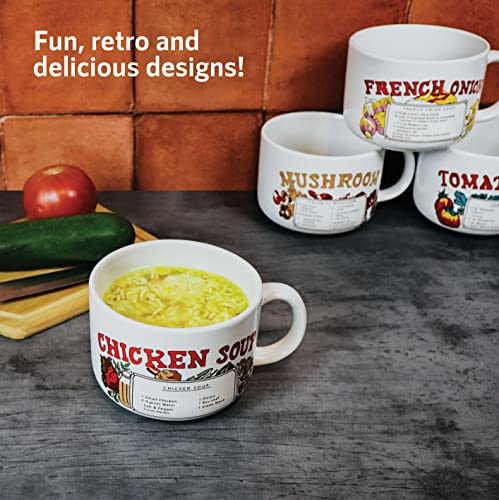 Old & Bold - 4 27 Oz Soup Bowls With Lids - Retro Soup Recipe Ceramic Mugs With Vented Lids and Handles - Pack of 4 - Microwave and Dishwasher Safe - For Soup, Instant Noodles, Cereal