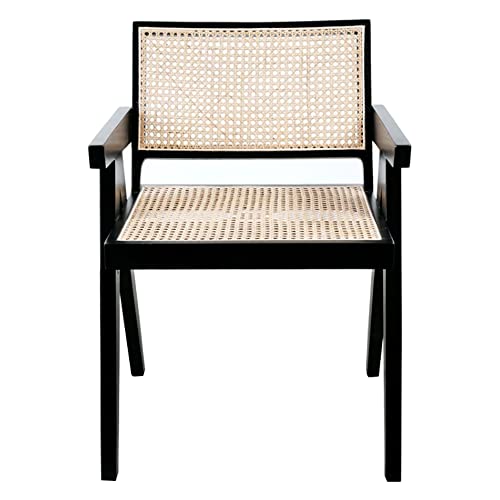 First of a Kind Rattan Cane Dining Chair - Mid-Century Modern Chairs with Mesh Back - Comfy Side Chair with Arms for Dining Room β Farmhouse Wooden Frame Accent Chair for Kitchen - Black