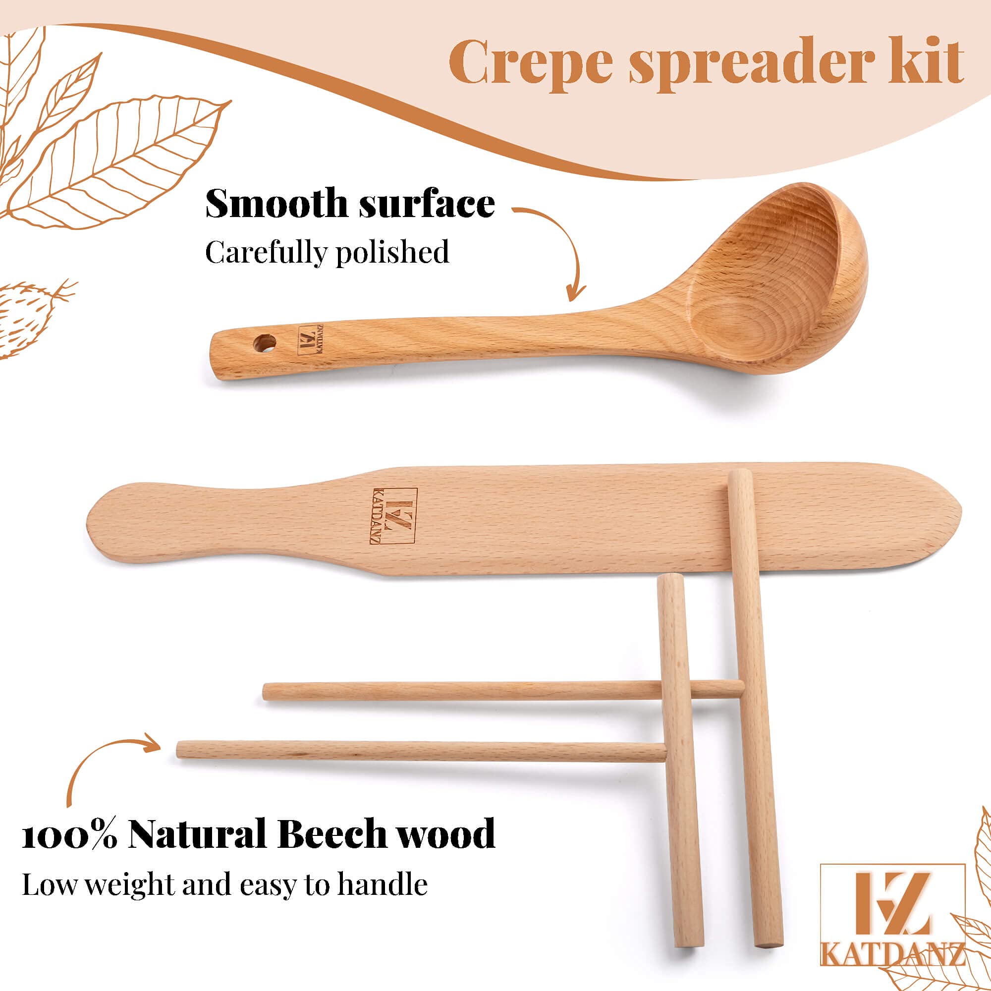 Crepe Spreader Spatula and Ladle Kit - Large and Medium Beachwood Versatile Pancake Tool 3 Recipes Included - Convenient Size for Nonstick Disc Pan Crepe Maker - Lightweight Wooden Flipper - Great Set