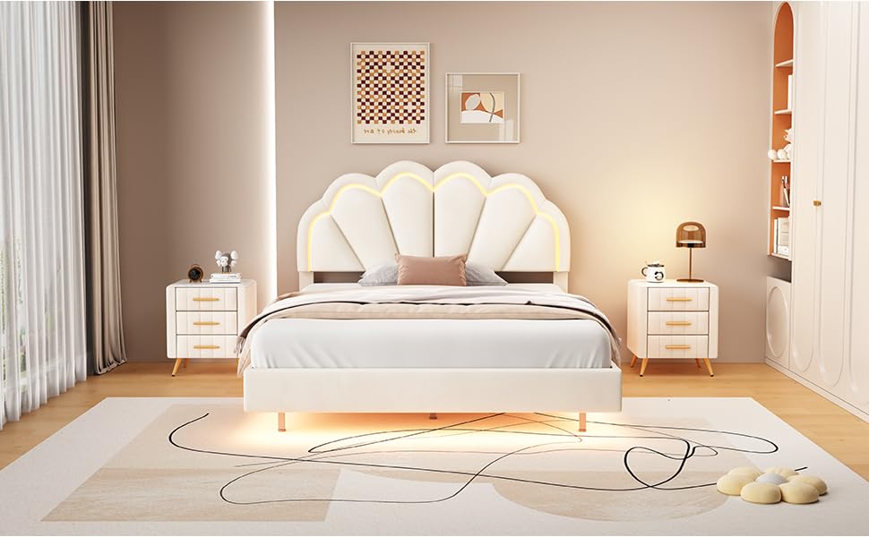 Harper & Bright Designs Floating Upholstered Full Platform Bed with LED Lights and Flowers Headboard. Velvet Full Size Bed Frame with Wooden Slats Support, No Box Spring Needed (Full, Beige)