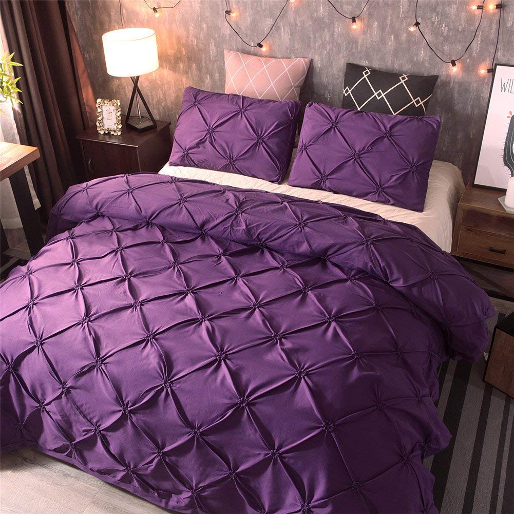 Feelyou Pintuck Duvet Cover Set King Size Purple Pinch Pleat Duvet Cover Tufted Design Bedding Set Zipper Soft Polyester Comforter Cover with 2 Pilllow Shams, Solid Geometric 3 Pieces