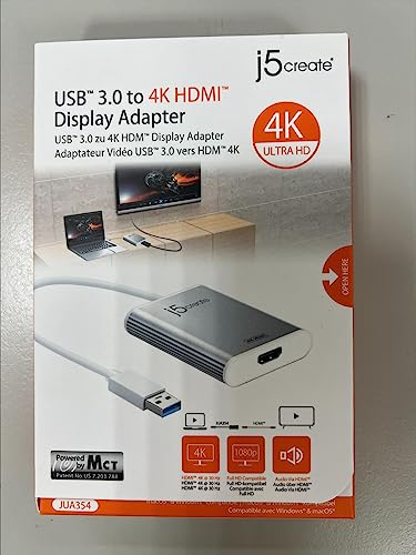 j5create USB 3.0 to 4K HDMI Display Adapter USB 3.0 Male Type-A Connector | HDMI Female Connector | 4K UHD | Resolution Up to 3840 x 2160 @ 30 Hz | Aluminum Housing (JUA354)