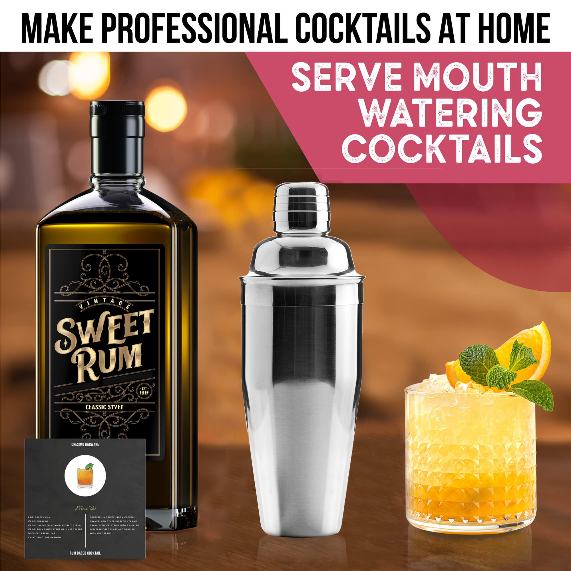 Cresimo 24 Ounce Cocktail Shaker Set Bartender Kit - Martini Shaker with Drink Recipes Booklet - Professional Stainless Steel Cocktail Mixer - Bar Shaker with Built-in Drink Shaker Strainer (1 pc Set)