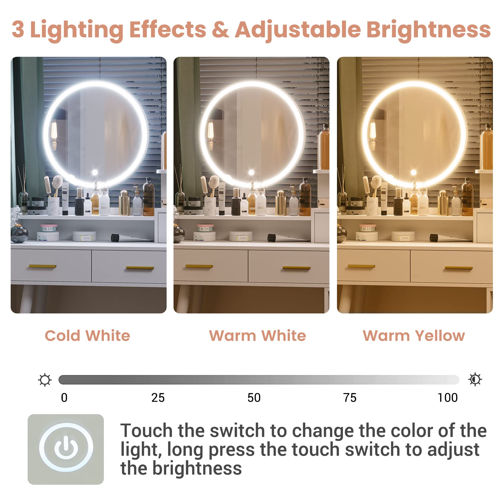 BTHFST Makeup Vanity with Lights and Charging Station, White Vanity Desk with Round Mirror and Lights, Vanity Table with Drawers and Shelves, Makeup Table with Touch Screen Mirror and Nightstand