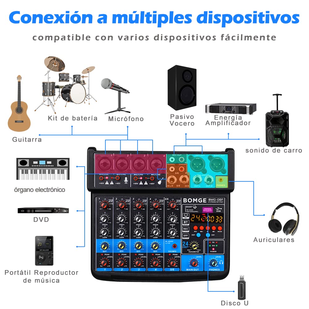 BOMGE 6 Channel mini DJ Audio sound mixer console with USB interface, Bluetooth, Stereo Recording, 48V Phantom Power, 24 DSP effects for karaoke, singing, live,streaming,pc recroding. (white)