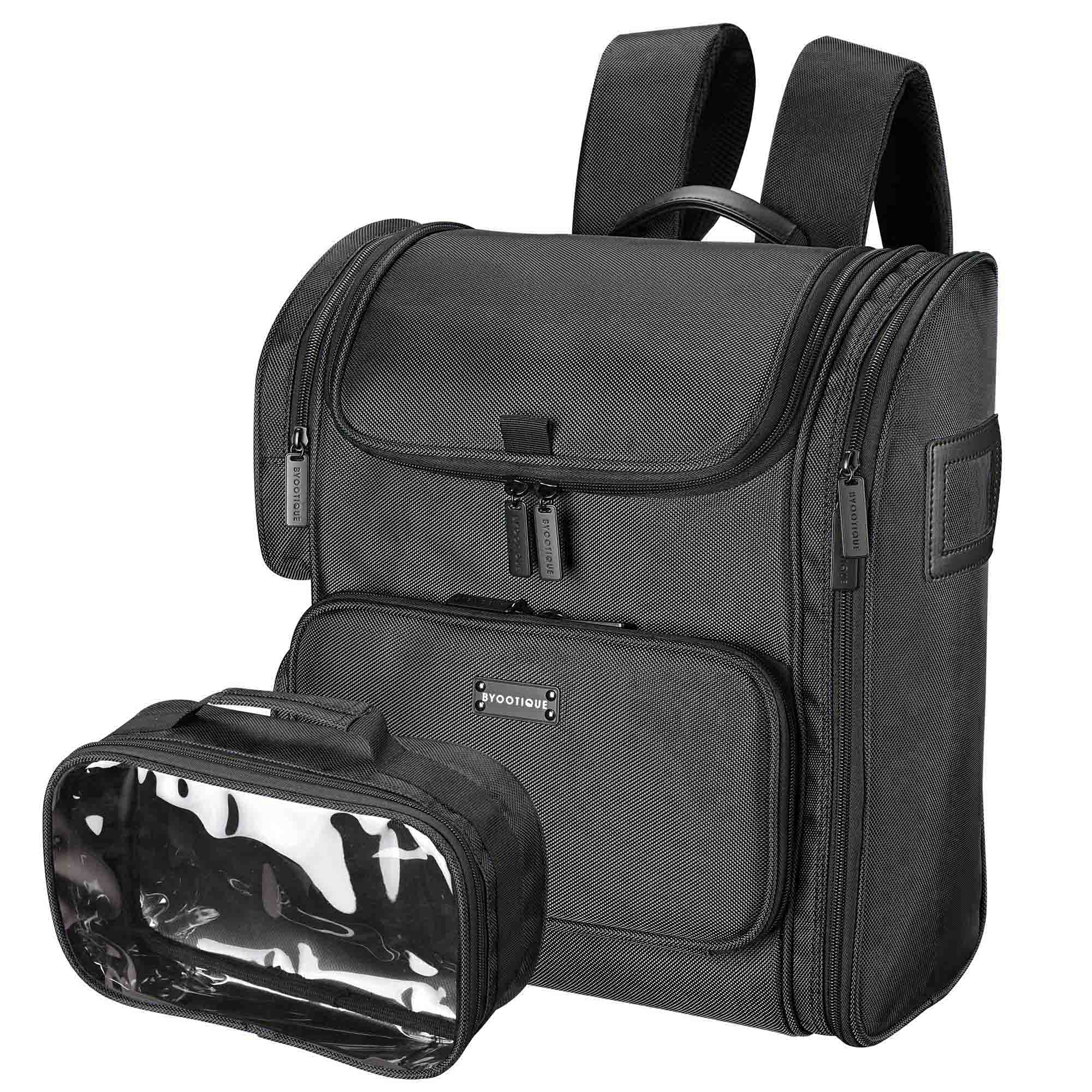 BYOOTIQUE Makeup Backpack Soft Sided Makeup Train Case Barber Cosmetic Bag Double Layer Organize Carry on Travel with Heat Isolation Side Pocket Removable Bag for Makeup Artist Hairstylist, Black