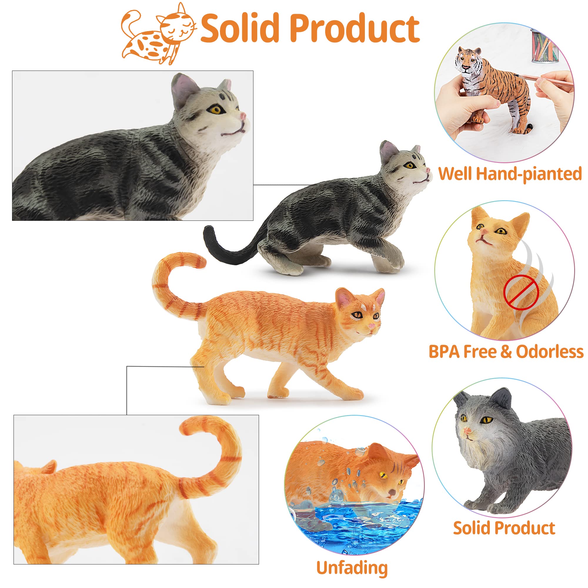 Toymany 8PCS Grey & Orange Cat Figurines Set, Realistic Cat Figures Kitten Toys, Cat Cake Toppers Christmas Birthday Gift for Kids Children