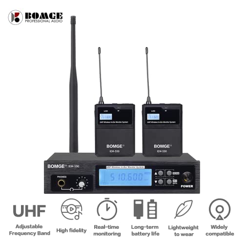 BOMGE IEM-580 UHF Wireless in Ear Stage Monitor System Professional 2 Channels,160 ft. Operation, Ideal for Stage, Studio, Exhibit, Lecture, Speech (2 bodypack with Transmitter)