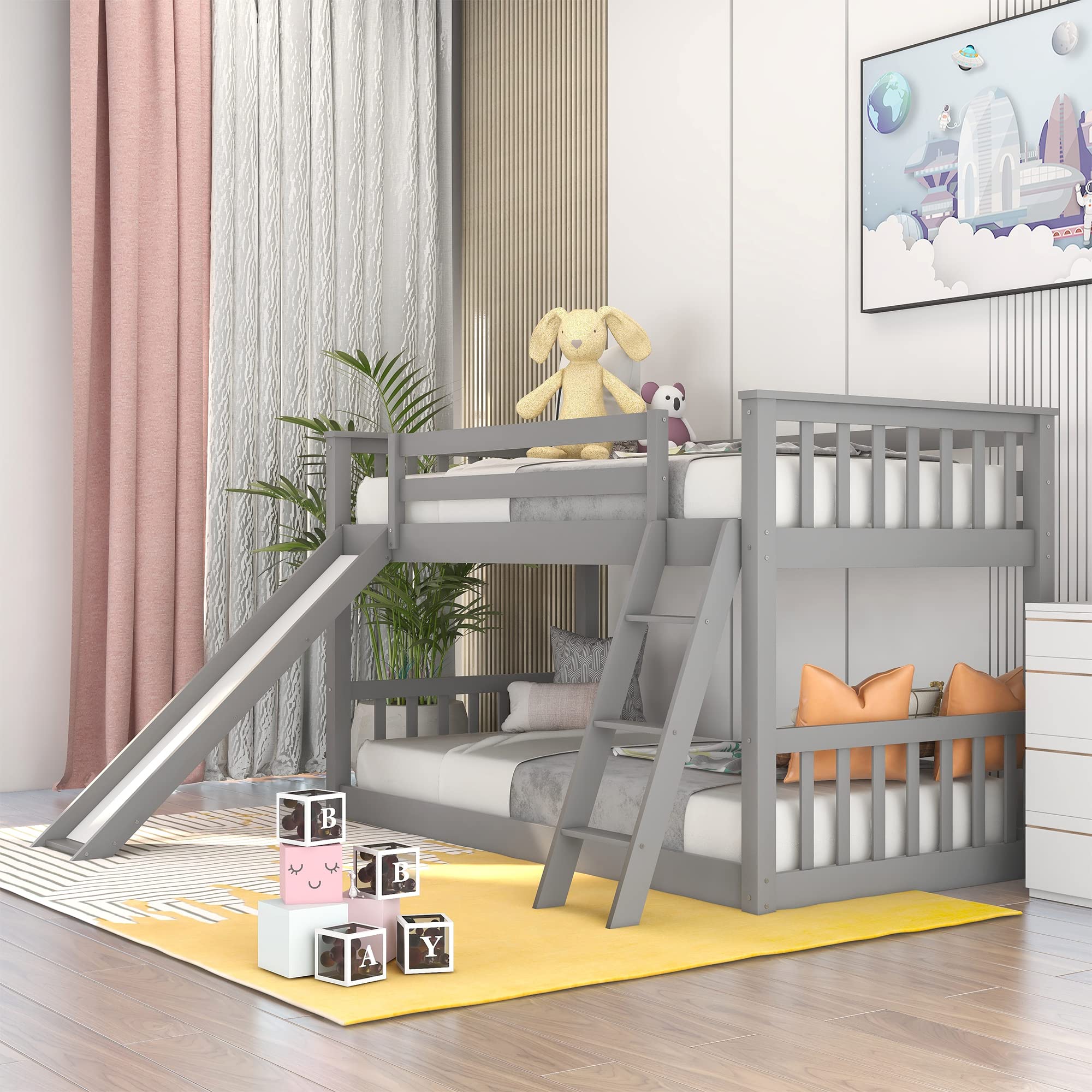 Harper & Bright Designs Bunk Bed Twin Over Twin,Wooden Twin Bunk Bed with Slide & Angled Ladder, Low Profile Toddler Bunk Beds for Kids, Floor Bunk Beds for Girls Boys,Grey