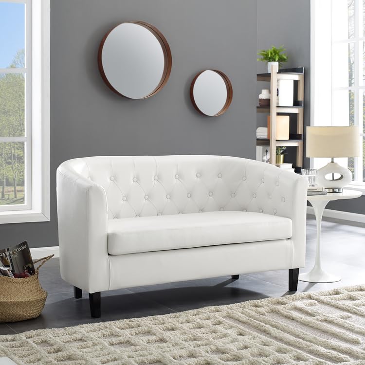 Emma Love Seat, Button Tufted Faux Leather Barrel Loveseat, Midcentury Modern 2 Seater Sofa Couch, Small Loveseat for Small Spaces, Bedrooms, Couches for Living Room, Easy Tool-Free Assembly - White