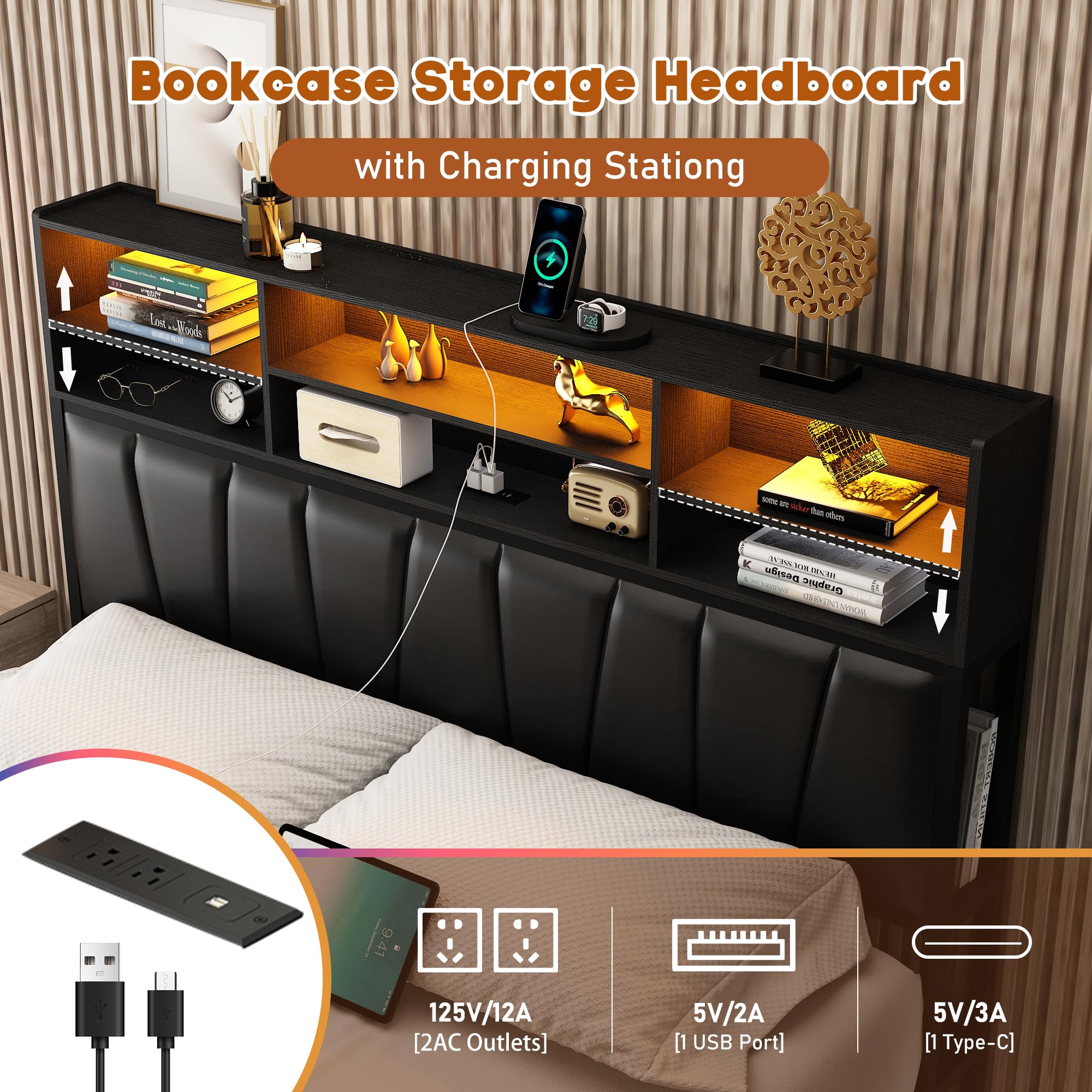 Hlivelood Full LED Bed Frame with Storage Headboard & 4 Drawers, Metal Platform Bed Frame with Charging Station, Bookcase Storage, No Box Spring Needed, Easy Assembly, Black