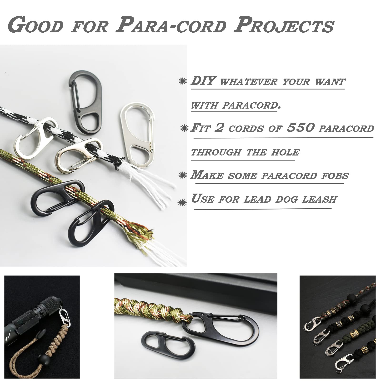Bytiyar Small Carabiner Clips 1.85inch (47mm) Metal Snap Hooks with Fixed Eye Spring Gate Keychain Parocord Rope Clasps Accessories, 6 Pcs Black