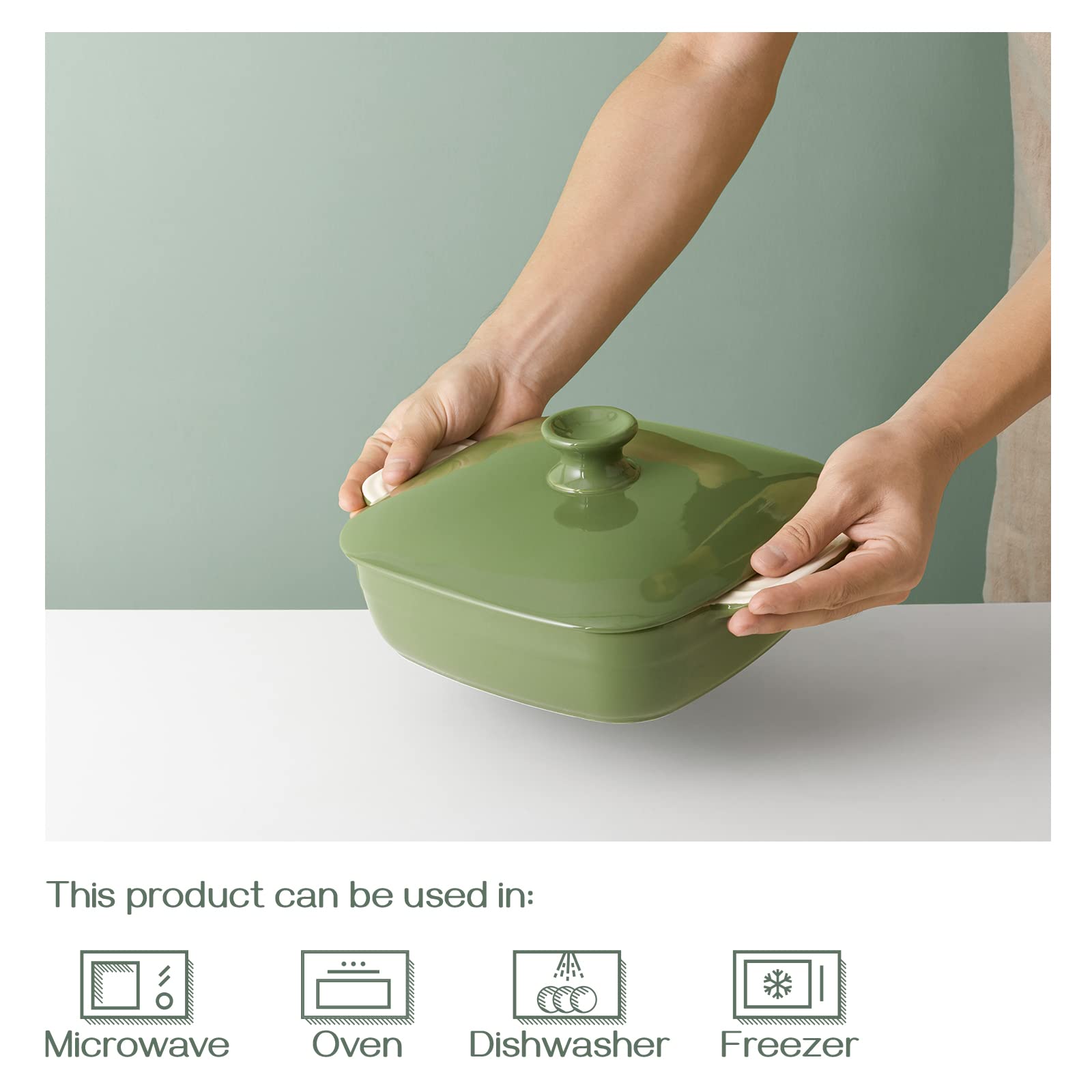 DOWAN Casseroles dish with lids, Ceramic Baking Dish With Lid, Casserole Dishes for oven, 1.6 Quarts Bakeware With Handle Oven Safe for Cooking, Dinner, Home Gift, 8 x 8 Inches, Green