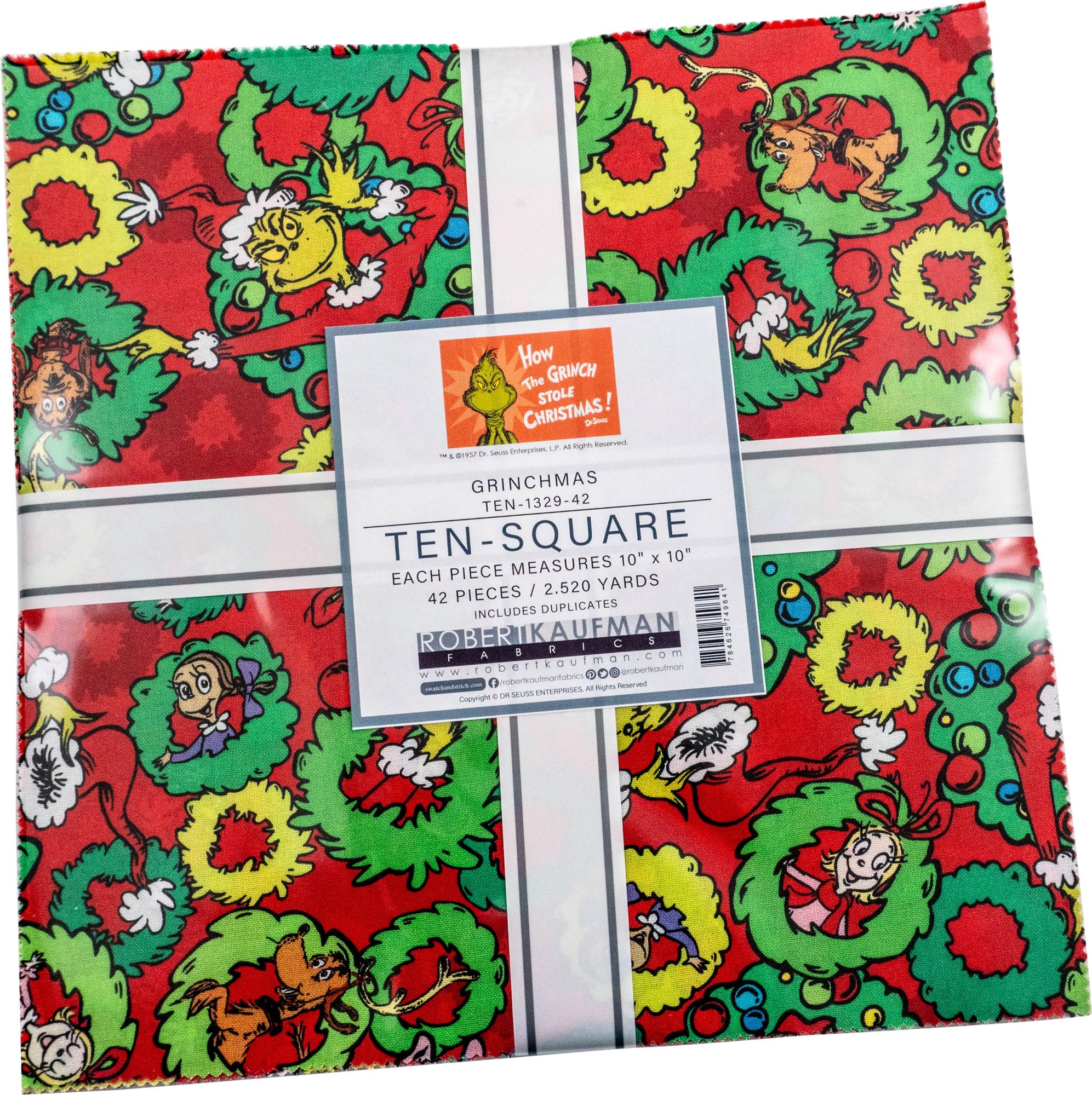 Dr. Seuss How The Grinch Stole Christmas Grinchmas 42 10-inch Squares Layer Cake Kaufman TEN-1329-42, Assorted