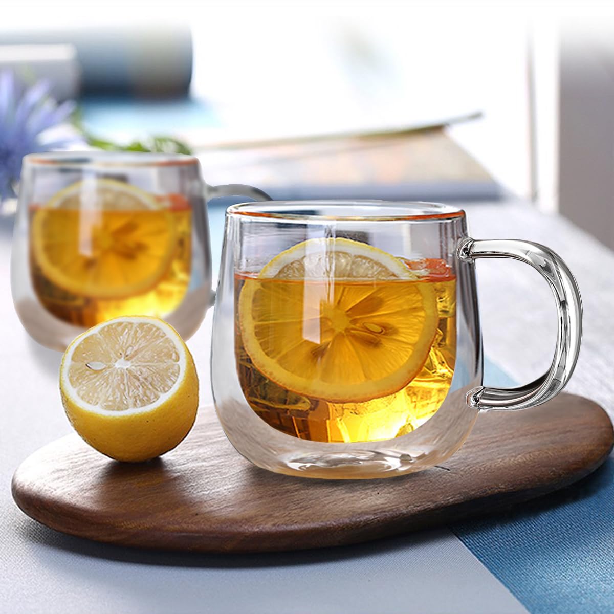BNUNWISH Double Wall Glass Coffee Mugs 16oz Set of 2 Insulated Clear Tea Cups with Handle, Perfect for Espresso, Latte and Cappuccinos