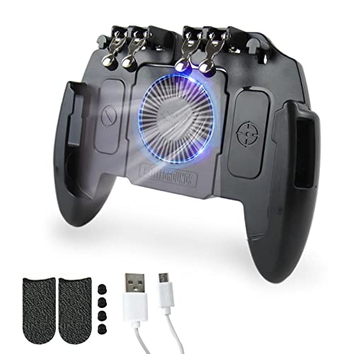 JRSHOME Mobile Game Controller with Cooling Fan/Phone Holder/Finger Sleeves for PUBG/Fortnite/Call of Duty, Mobile Triggers for 4.7β-6.5β iOS Android Phones
