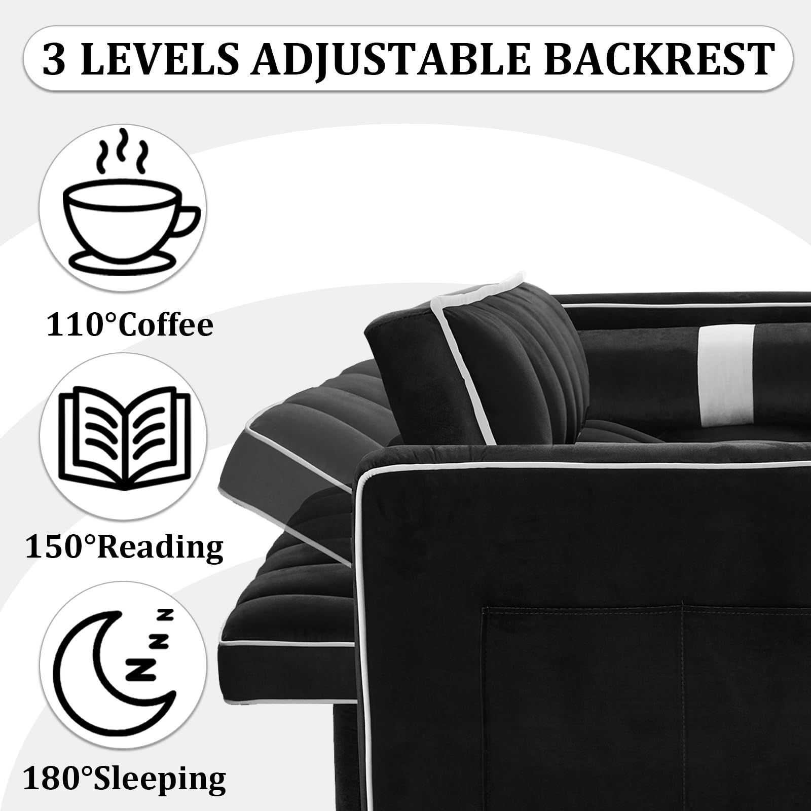 DS-HOMEPORT 3 in 1 Pull Out Convertible Sofa Bed with USB Ports - 55" Modern Velvet Sleeper Sofa with 3 Level Adjustable Backrest, Love Seat w/ 2 Pillows & 2 Pockets for Bedroom (Full Size,Black)