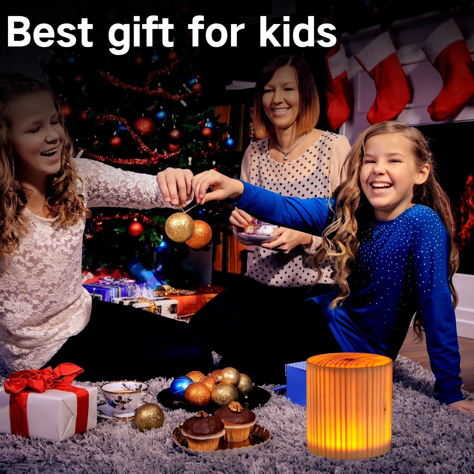 kooplus Wooden Night Light, Small Nursery Lamp for Sleep Helping with Memory Function, Rechargeable Lamp for Kids, Cylindrical