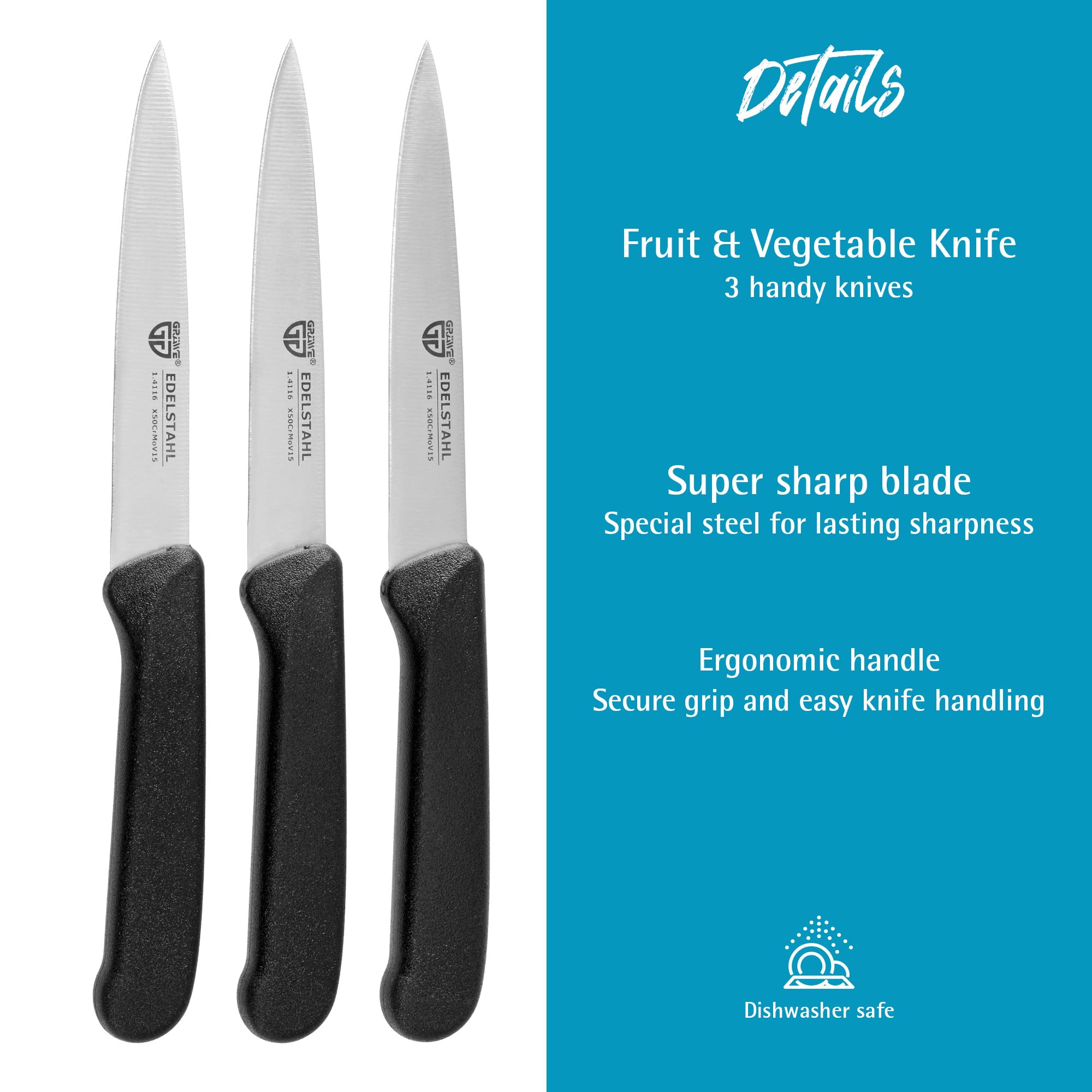 GRÄWE Vegetable Knives Set of 3 Stainless Steel, Multi-Coloured, Super Sharp, Dishwasher Safe