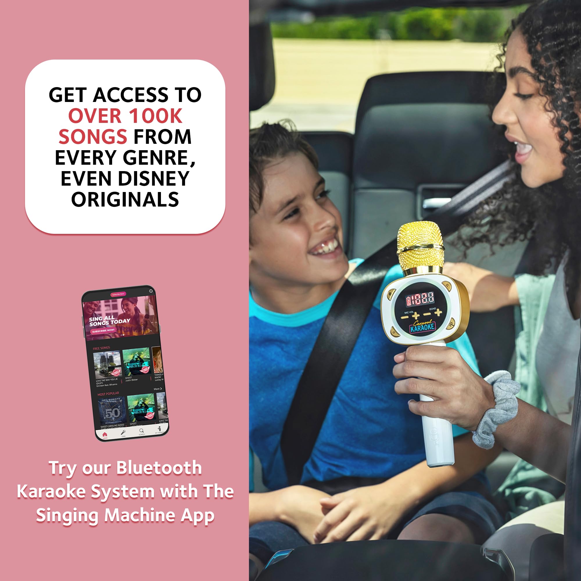 Carpool Karaoke Machine for Kids & Adults, Carpool Karaoke The Mic 1.0 by Singing Machine - Wireless & Bluetooth Karaoke Microphone with Mic Volume, Echo Controls as White Elephant Gift, Gold & White
