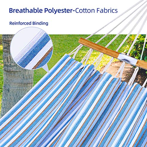 Double Hammock with Tree Straps Kit, Ohuhu Folding Curved-Bar Bamboo Hammock with Carrying Bag, Portable 2-Person Hammocks Swing for Patio Backyard Porch Camping Travel Indoor Outdoor Use