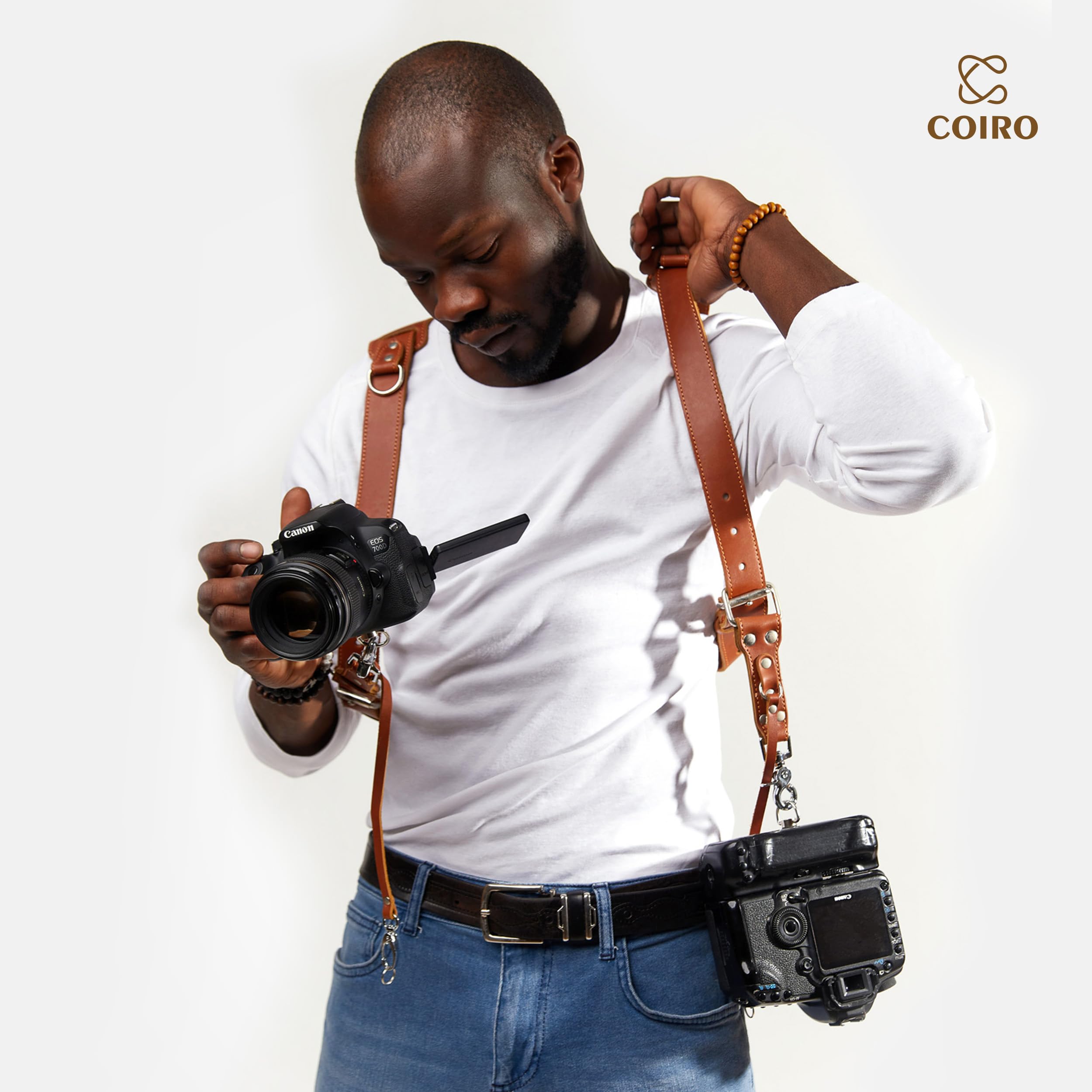 C Coiro Camera Harness for 2 Cameras β Dual Shoulder Leather Camera Strap β Double Camera Harness for DSLR/SLR, Camera Straps for Photographers of All Levels, Padded Straps/Color Tan