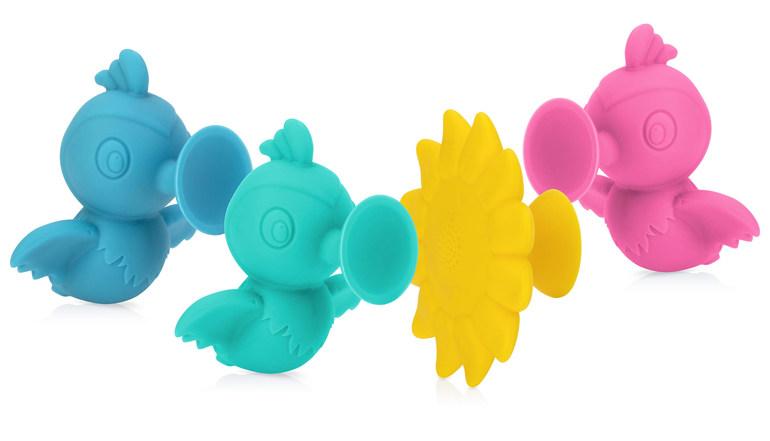 Nuby Silly Hummingbird & Flower Interactive Suction Toys with Built-in Rattle, 2 Piece, Aqua / Yellow