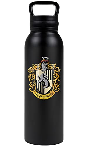 Harry Potter OFFICIAL Hufflepuff Crest 24 oz Insulated Canteen Water Bottle, Leak Resistant, Vacuum Insulated Stainless Steel with Loop Cap, Black
