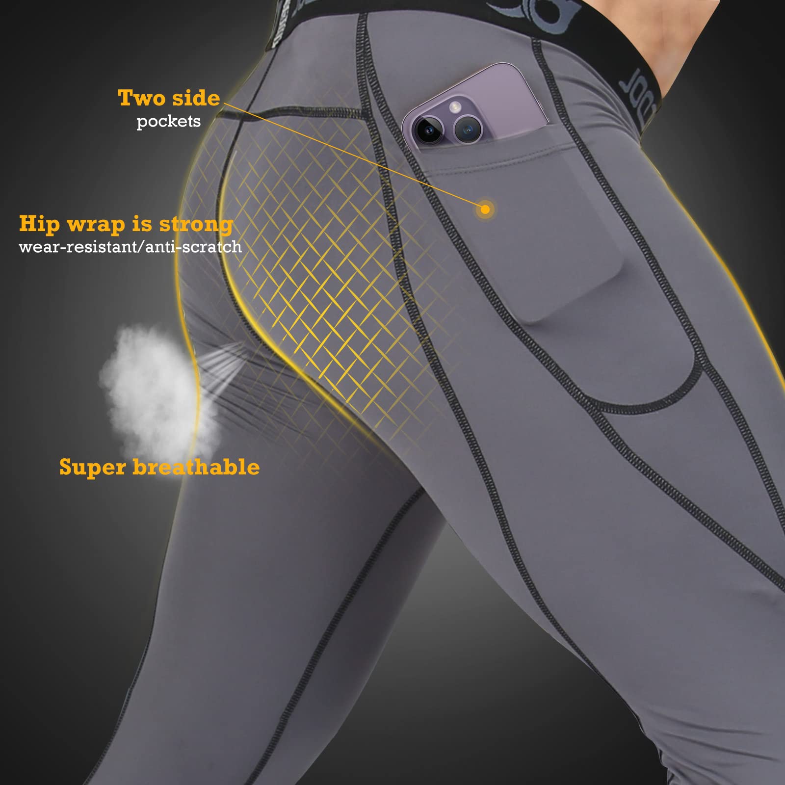 BOOMCOOL Men's Compression Pants with Pockets, Men's Running Tights Leggings Workout Dry Baselayer Gym Athletic Yoga Pants