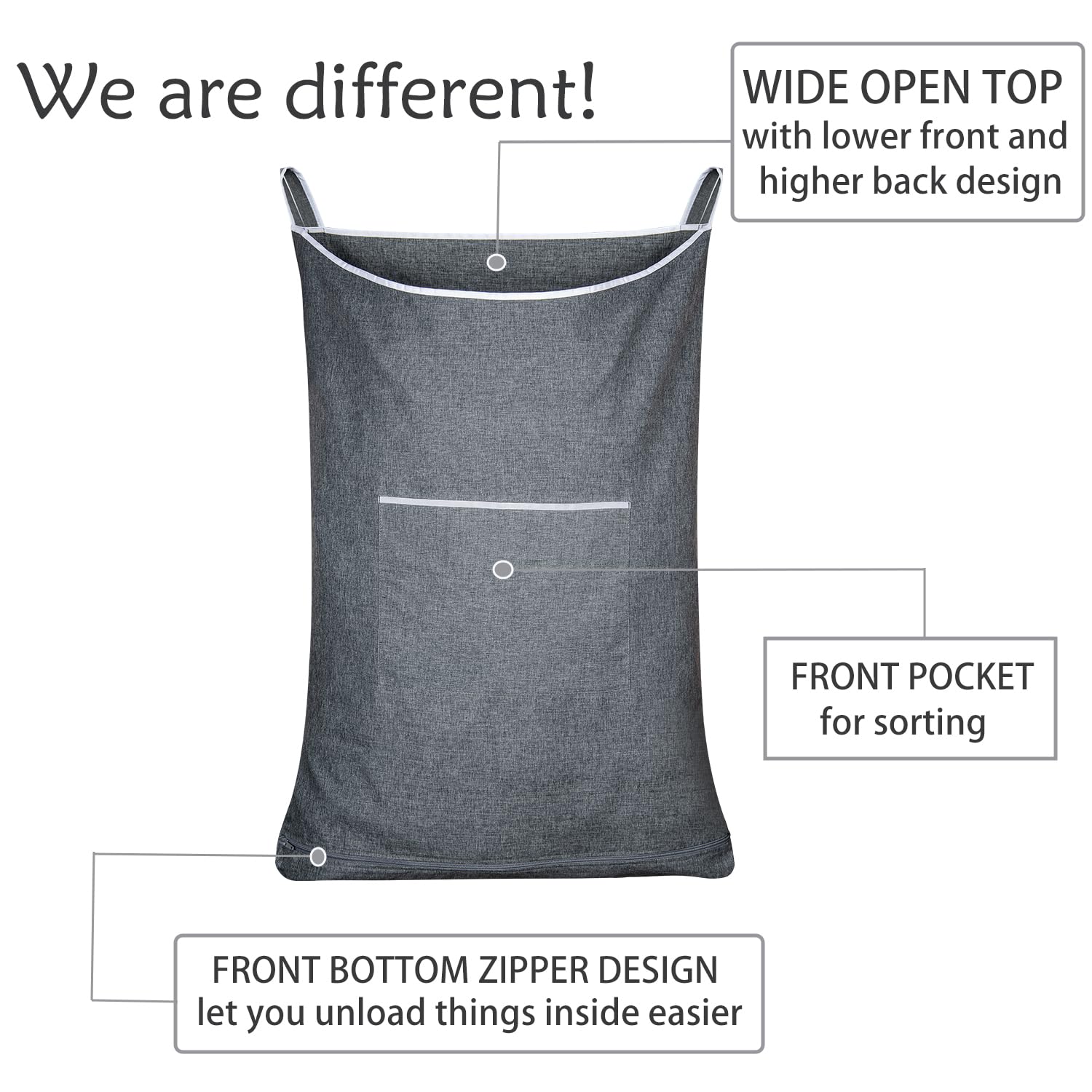 KINGSUSLAY Laundry Hamper, XL Hanging Hamper with Large Openging,Space Saving Storage Bag,Over the Door Hamper with Haning Hooks(36"x 22", Heath Grey)
