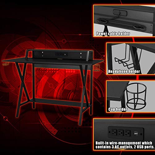 GOFLAME Gaming Computer Desk, Large Computer Gaming Workstation with Cup & Headphone Holder, Study Writing Desk for Home and Office, Black