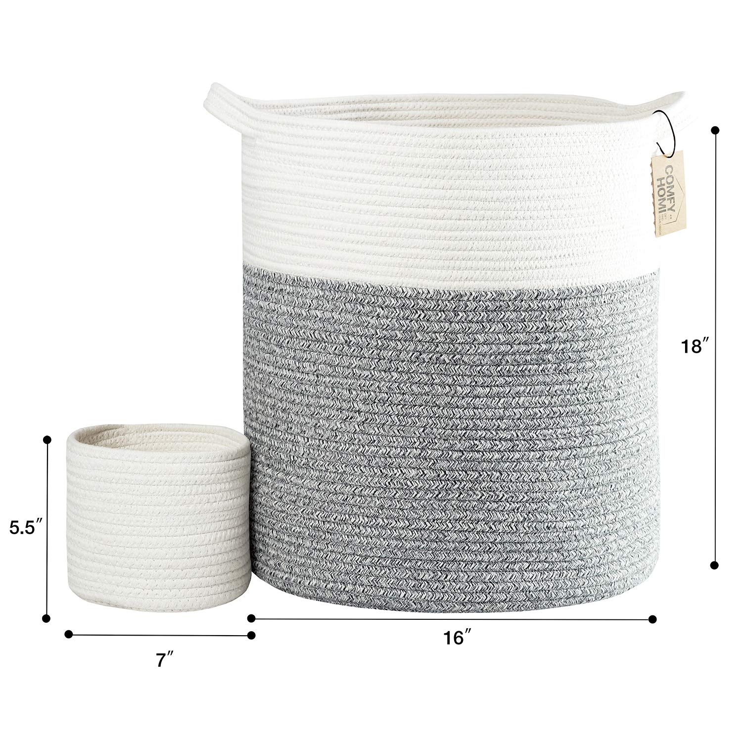 COMFY-HOMI Tall Rope Basket 18X16”(White and Grey)And Square cotton rope basket 13.5X11X9.5” with Handle (White and Dark Grey)