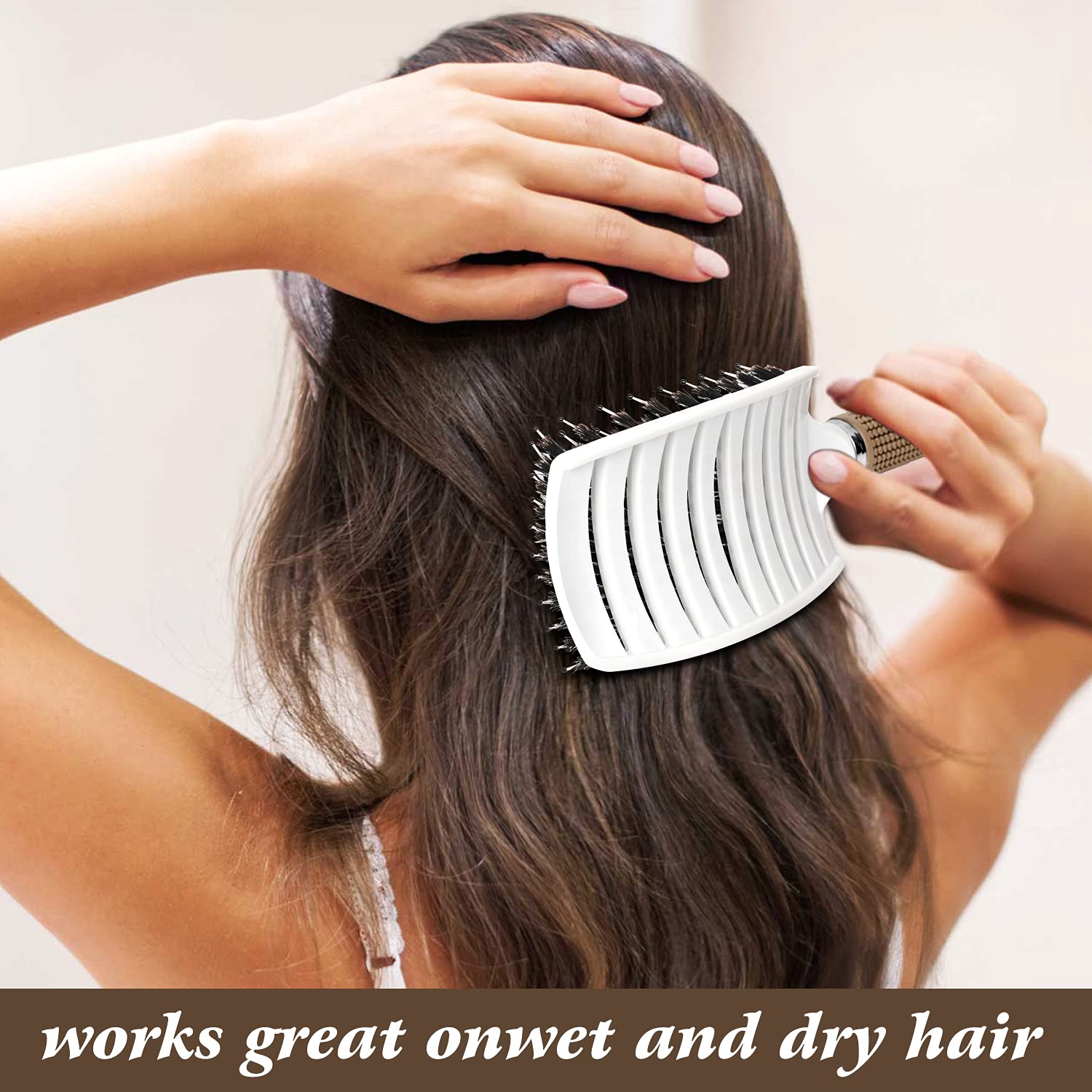 Boar Bristle and Nylon Curved Vented Hair Brush for Fast Blow Drying Detangling and Head Massage Hair Styling (White)