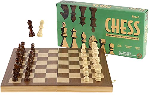 Regal Games 15 Inch Wooden Chess Set - 2 Extra Queens - Folding Board, Portable Chess Board Game Sets with Staunton Game Pieces Storage Slots - Chess Set for Kids and Adults