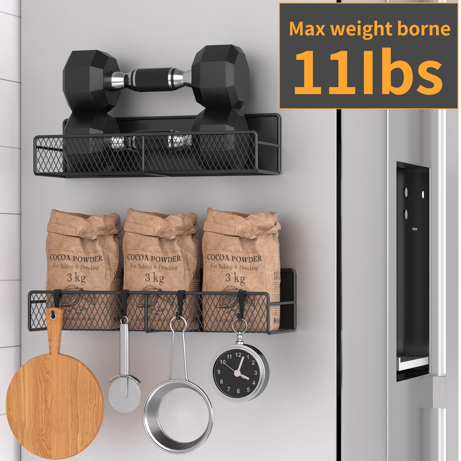 DTUQYX Magnetic Spice Rack for Refrigerator, 2 Pack Metal Magnetic Shelf Black, Moveable Spice Organizer with Hooks, Super Magnetic Fridge Shelf for Kitchen Organization and Storage