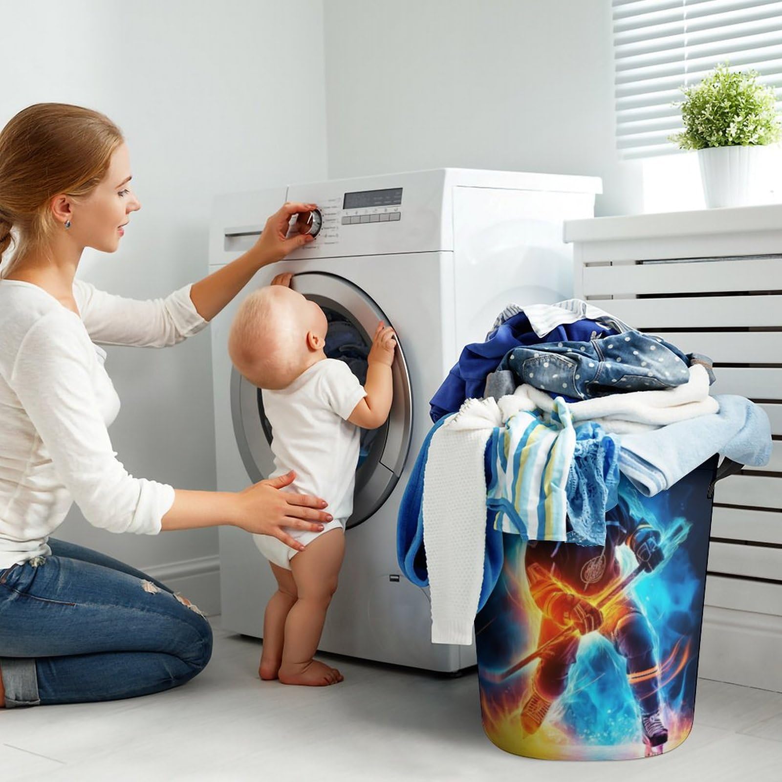Hockey Player Playing Laundry Basket Hamper Bag Dirty Clothes Storage Bin Waterproof Foldable Toy Organizer for Bedroom Clothes Toys Basket