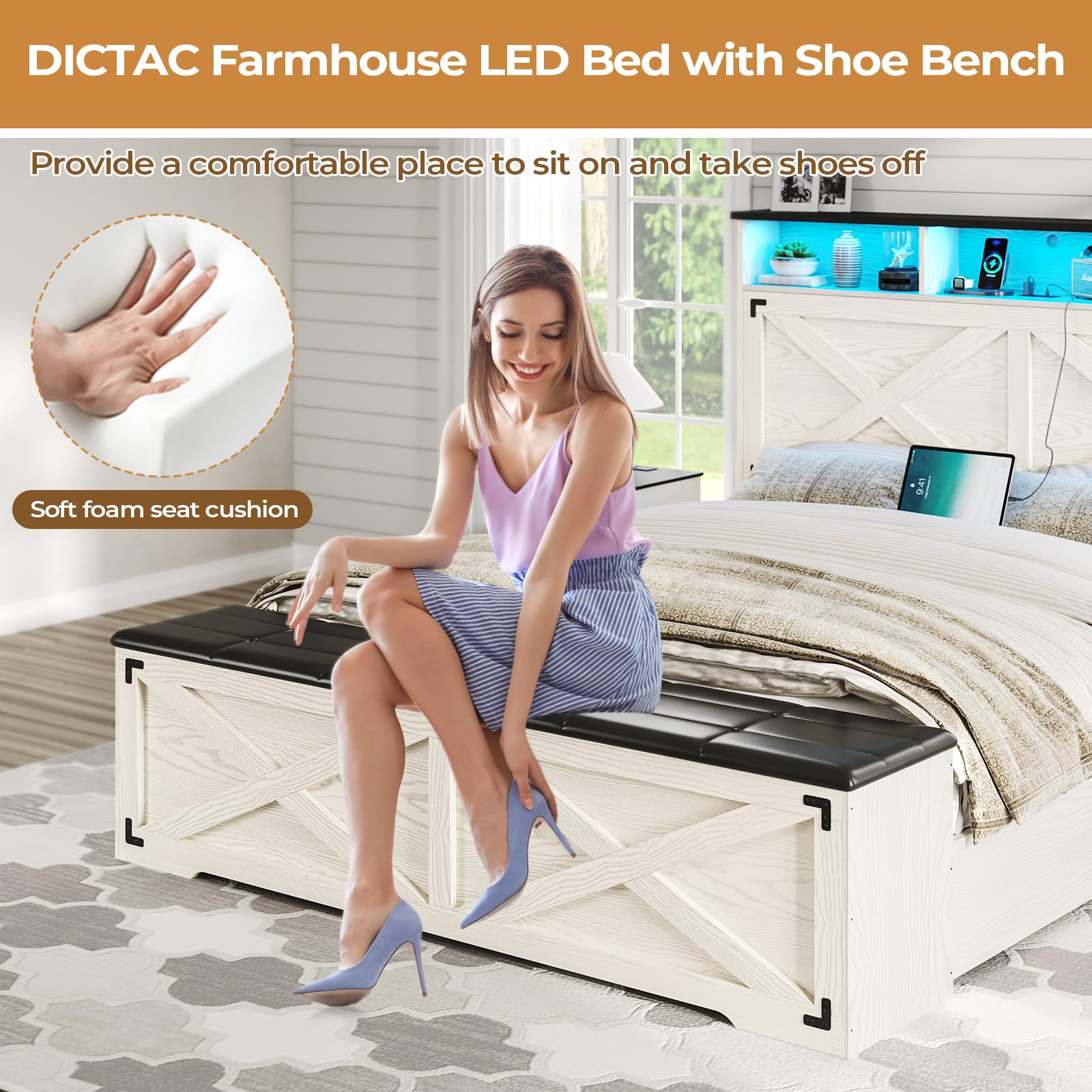 DICTAC Farmhouse Queen Bed Frame with Storage Headboard, Charging Station and LED Lights Queen Size Platform Bed Frame with Storage Ottoman, Metal Slats Support, No Box Spring Needed, Antique White