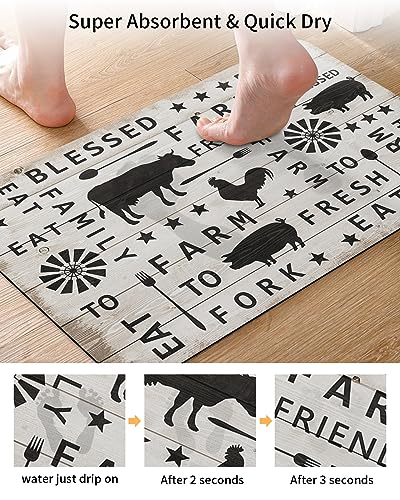 Gogobebe Super Absorbent Diatom Mud Mat Vintage Farm Animal Cow Rooster Pig Wooden Board Pattern Quick-Drying Thin Bath Mat Non-Slip Bathtub Mat Anti-Skid Rubber Bathroom Shower Mat 16x24in