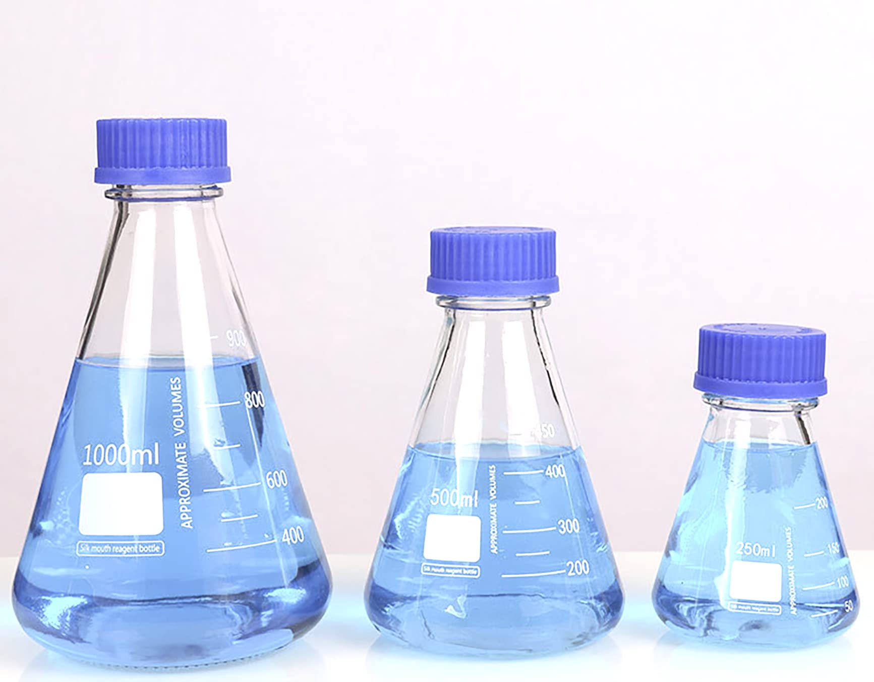 KINNOSE Thick Glass Conical Media Storage Bottles 250ml 500ml 1000ml with Blue Screw Cap Thick Graduated Borosilicate Glass Reagent Container