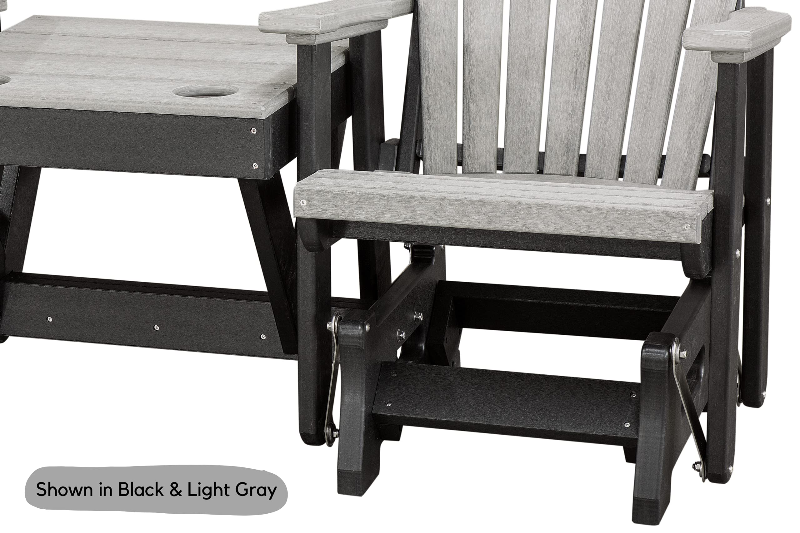 DutchCrafters Slat Fan Back Double Poly Adirondack Glider Outdoor Patio Chairs with Center Table (Tudor Brown & Cedar)