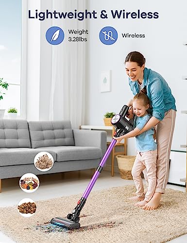 Ganiza Cordless Vacuum Cleaner- ππππ©π Powerful Suction, 6-in-1 Lightweight Stick Vacuum Cordless with LED Headlight, 40 Min Runtime, Detachable Wand for Hardwood Floor Carpet Pet Hair, Purple