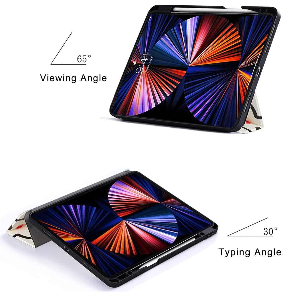 Cute Flower Protective Cover for Apple iPad Pro 12.9 inch with Pencil Holder Pocket for iPad Pro 12.9 Case 2022 2021 5th 2020 4th 3rd Gen Leather Silicone Cases for iPad Pro 12.9" - White and Black