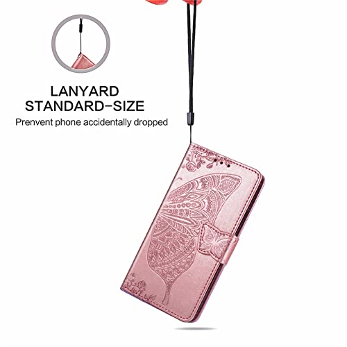 ONV Wallet Case for Samsung Galaxy Z Fold 3 - Butterfly Embossed Leather Folio Case [Magnetic] [Card Slots] [Kickstand] [Wrist Strap] +TPU Shell for Samsung Galaxy Z Fold 3 [HZD] -Rosegold