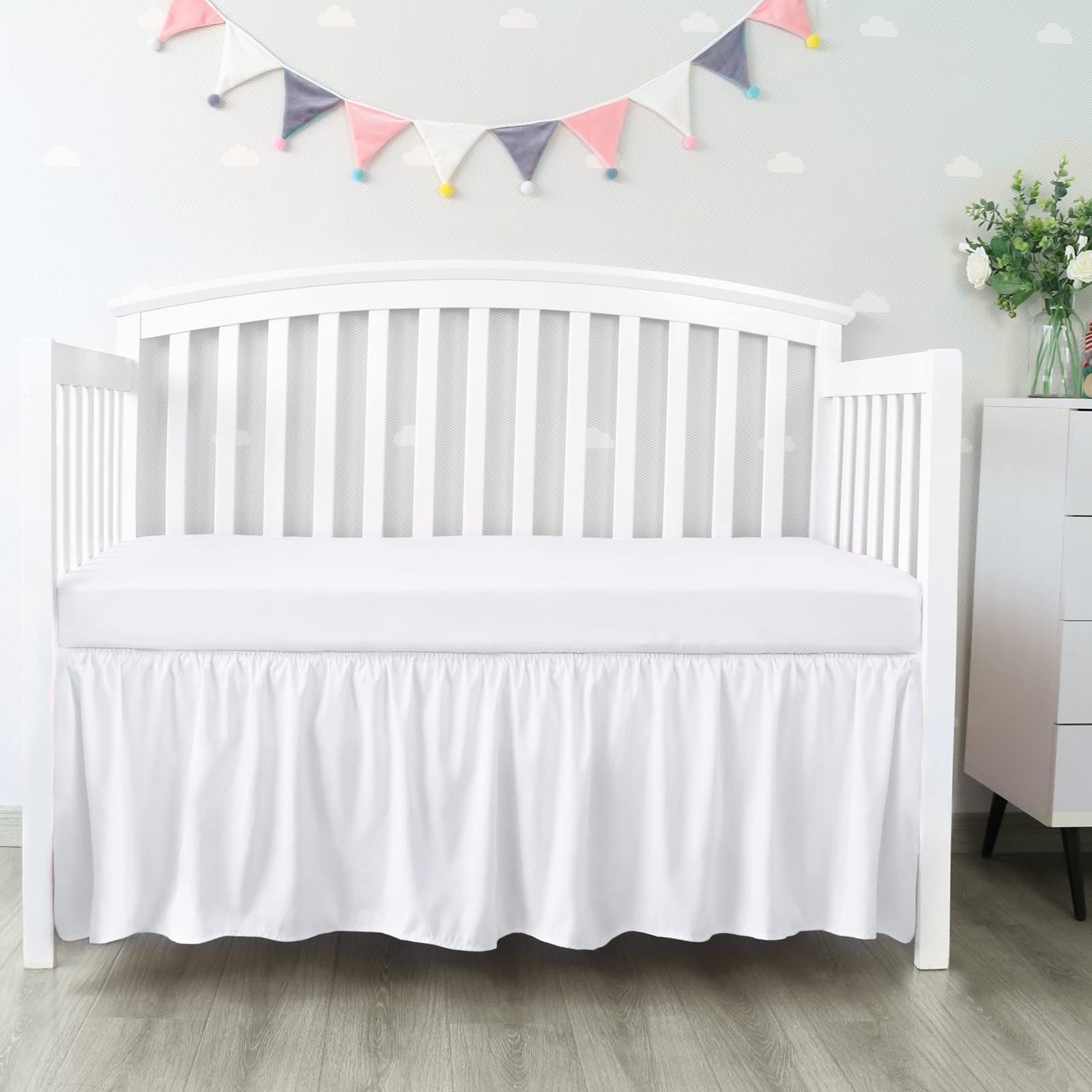 Crib Bed Skirt White Dust Ruffle Elastic Adjustable & Waterproof Product Image Bassinet Mattress Pad Cover Compatible with Mika Micky Bedside Sleeper, 2 Pack