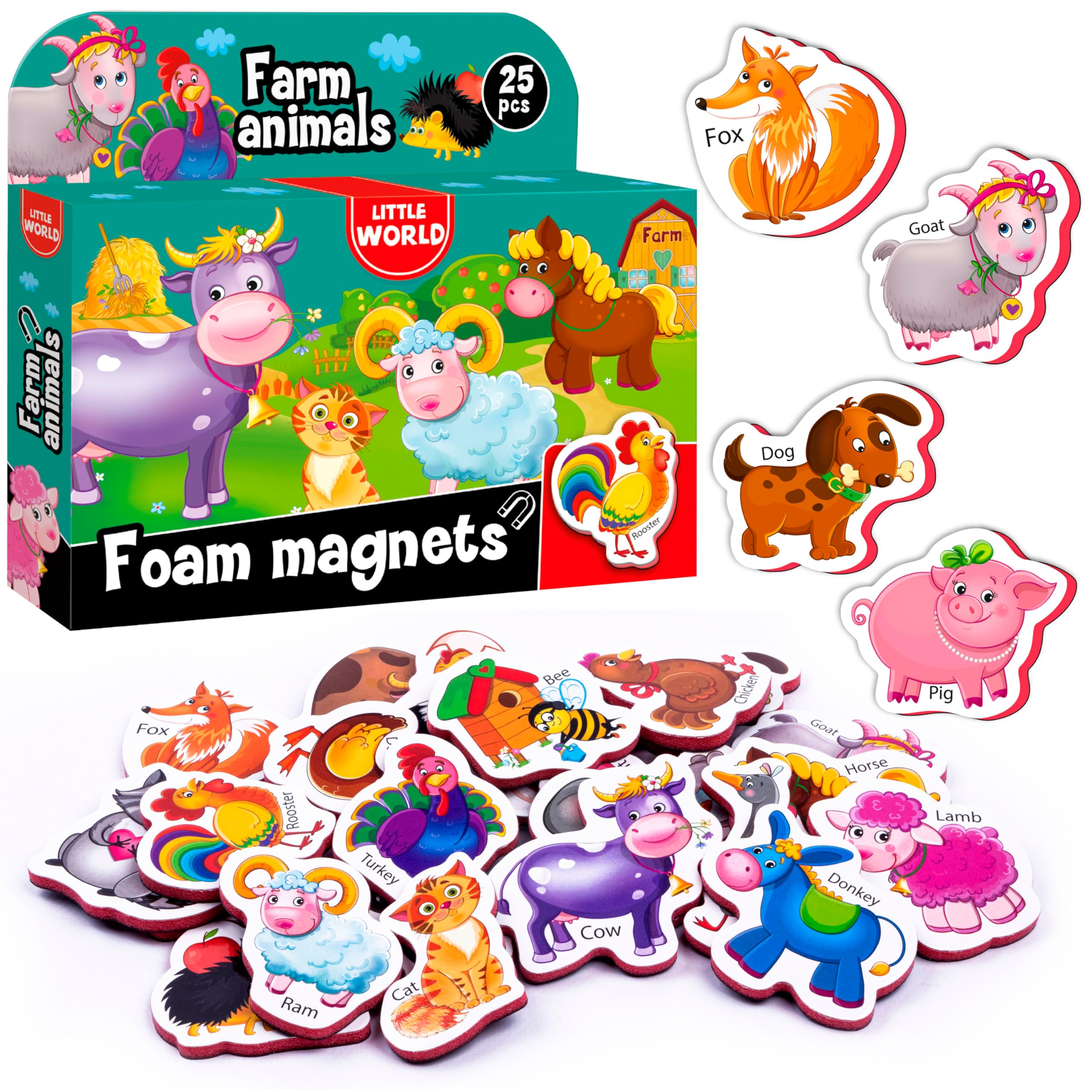 Little World Large Set of 25 Foam Fridge Magnets for Toddlers 1-3 - Refrigerator Magnets for Kids – Baby Magnets for Refrigerator 1 Year Old - Farm Magnetic Animals - Animal Magnets for Toddlers 1-3