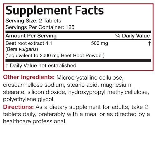 Bronson Beet Root Extra Strength (Equivalent to 2000mg Beet Root per Serving from 500mg 4:1 Extract), Non-GMO, 250 Vegetarian Tablets