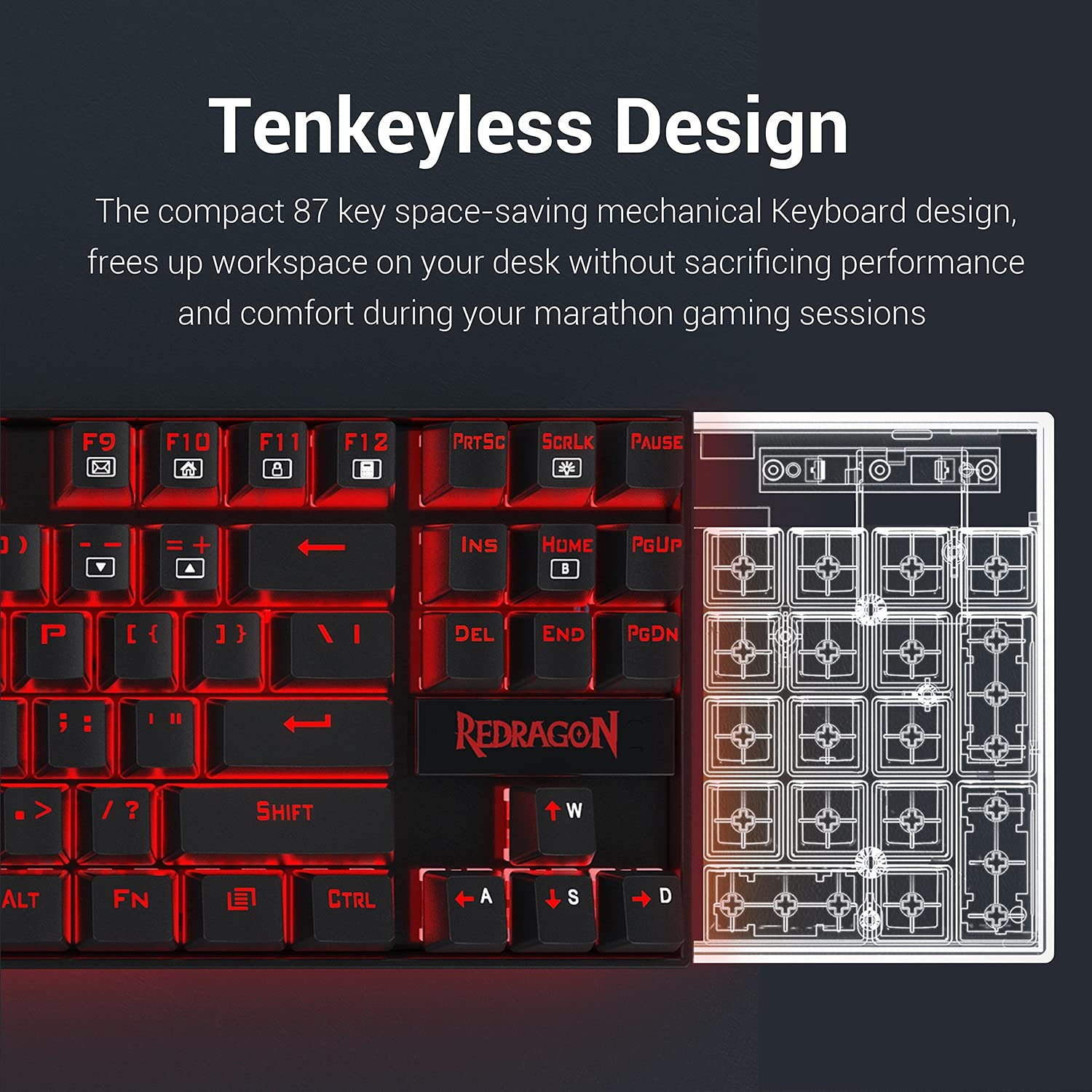 Redragon K552 Mechanical Gaming Keyboard 60% Compact 87 Key Kumara Wired Blue Switches for Windows PC Gamers (RED Backlit Black)