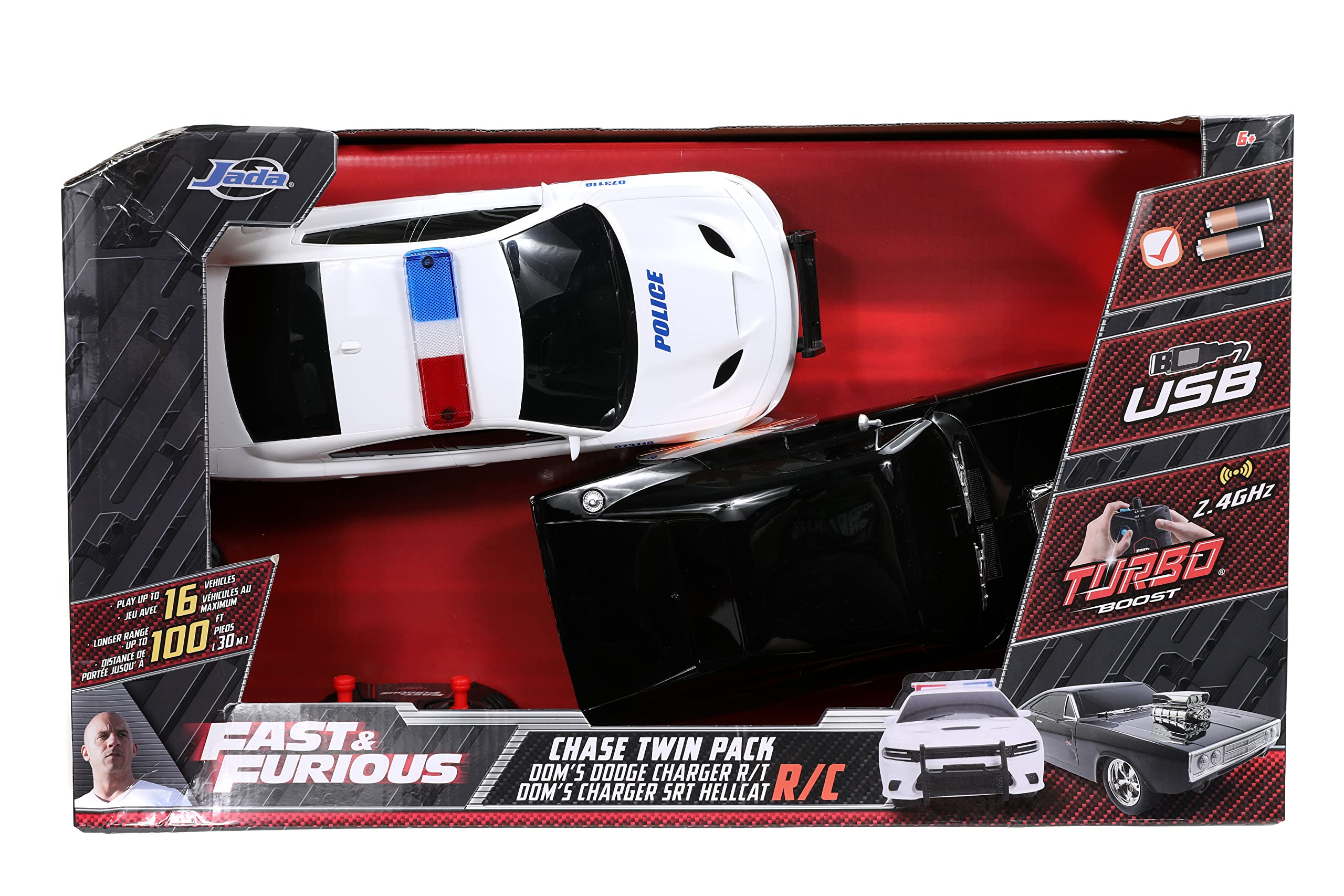 Jada Fast & Furious Chase Twin Pack- Dom's Dodge Charger R/T & Dodge Charger SRT Hellcat, Police & Chase Car Rc, USB Charged, Black and White