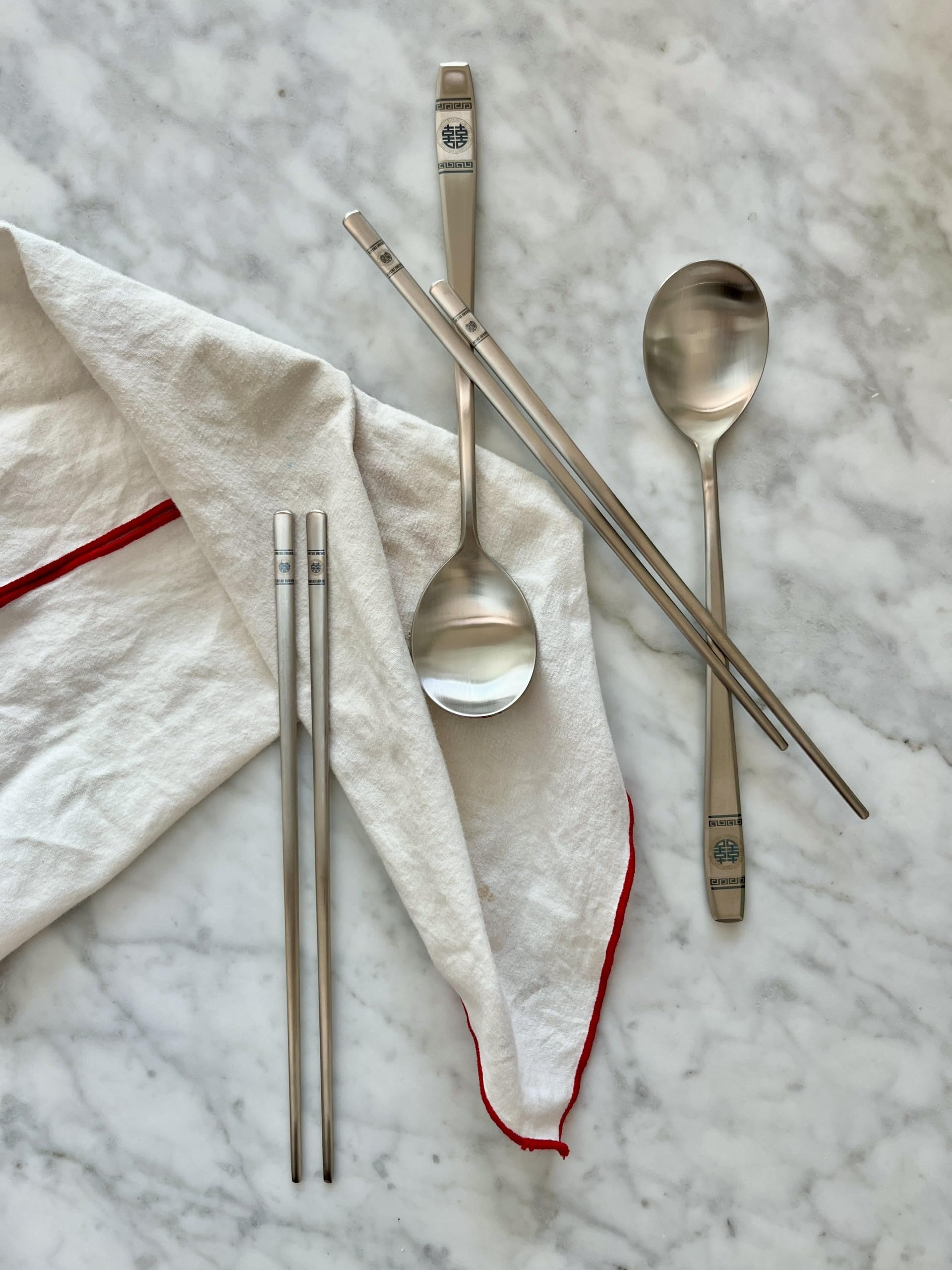 cozymomdeco Korean Made Silver Color Cutlery Spoon Chopsticks 18-10 Stainless Steel Printed Traditional Pattern_2 SET