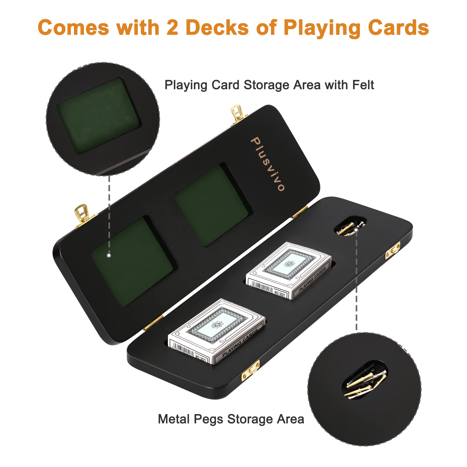 Cribbage Board Game Set 3 Tracks, 2 Storage Area, with 9 Metal Pegs,2 Decks of Playing Cards and Instruction, Wooden Travel Portable Cribbage Game Sets